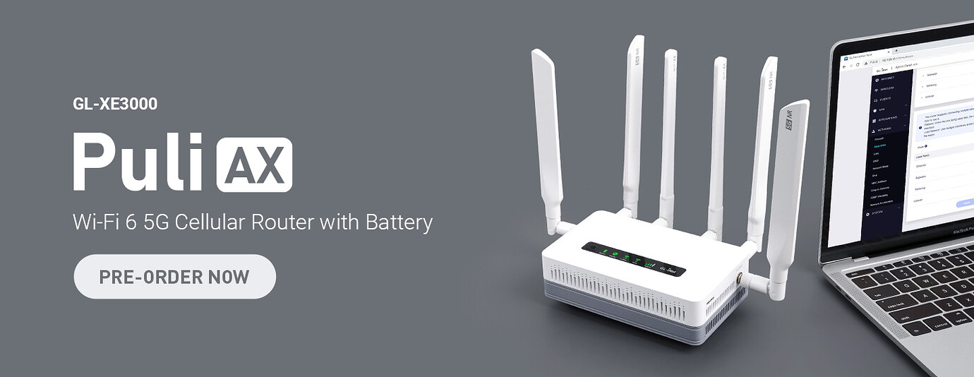 Puli AX (GL-XE3000) - Wi-Fi 6 5G Cellular Router is available for pre ...