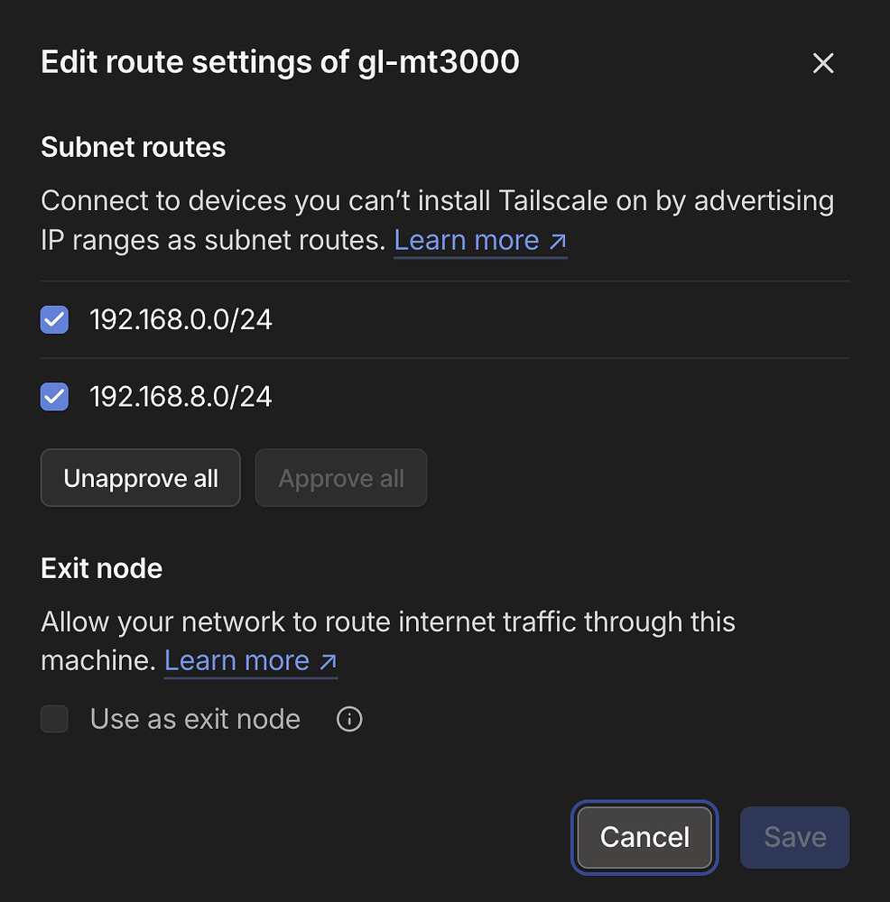 Configure tailscale on the GL.iNet router to route all traffic from a local network through the ...
