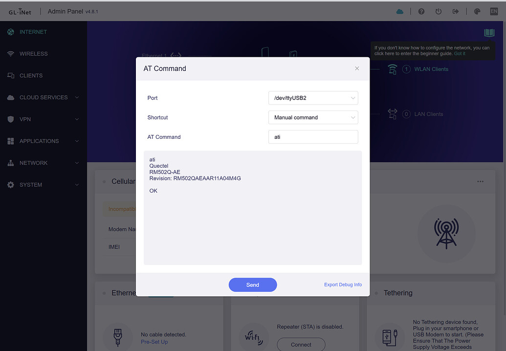 Modem won't get recognized by admin panel,but AT command works ...